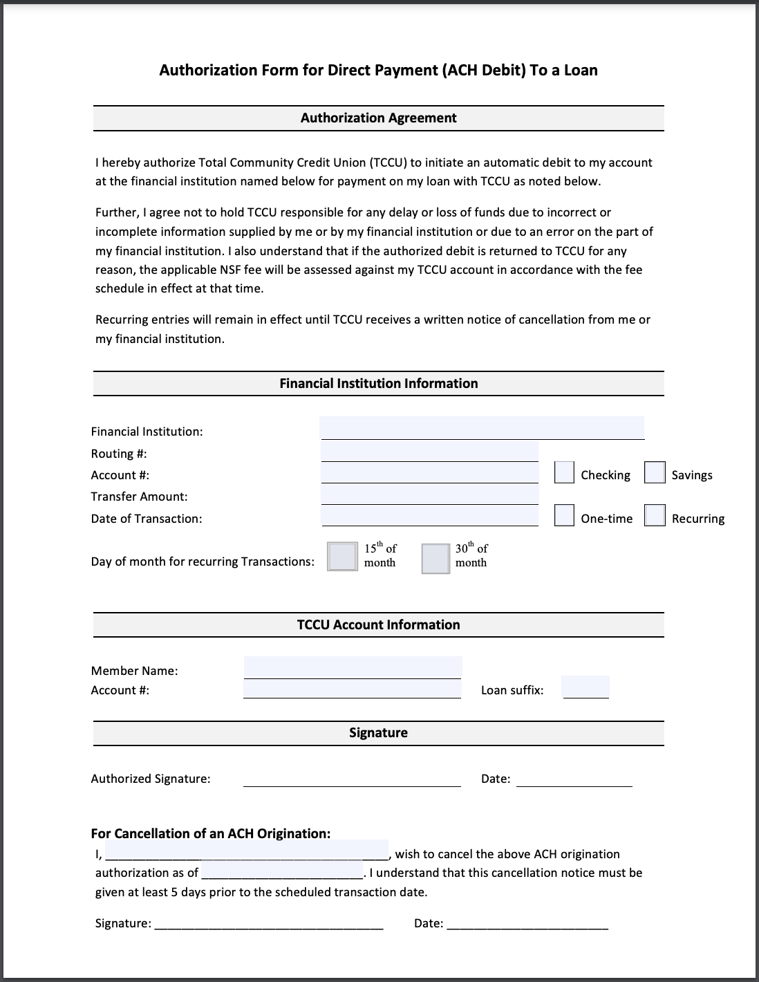 Ach Debit Authorization Form Template